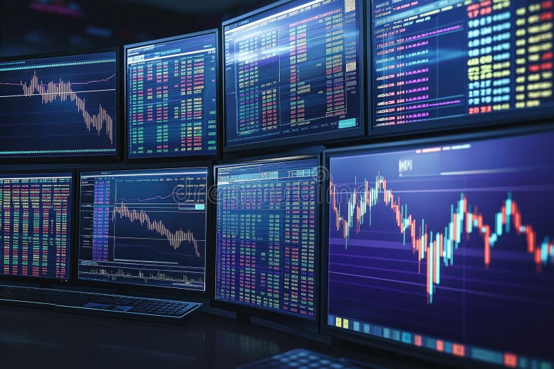 Multiple Computer Screens Display Stock Market Data. Charts, Numbers ... Multiple Computer Screens Display Stock Market Data. Charts, Numbers ...
