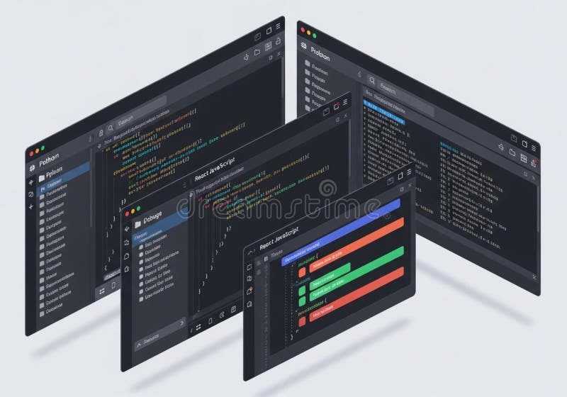 Multiple Computer Screens Displaying Code Interfaces in Dark Mode. Various Programming Languages ...