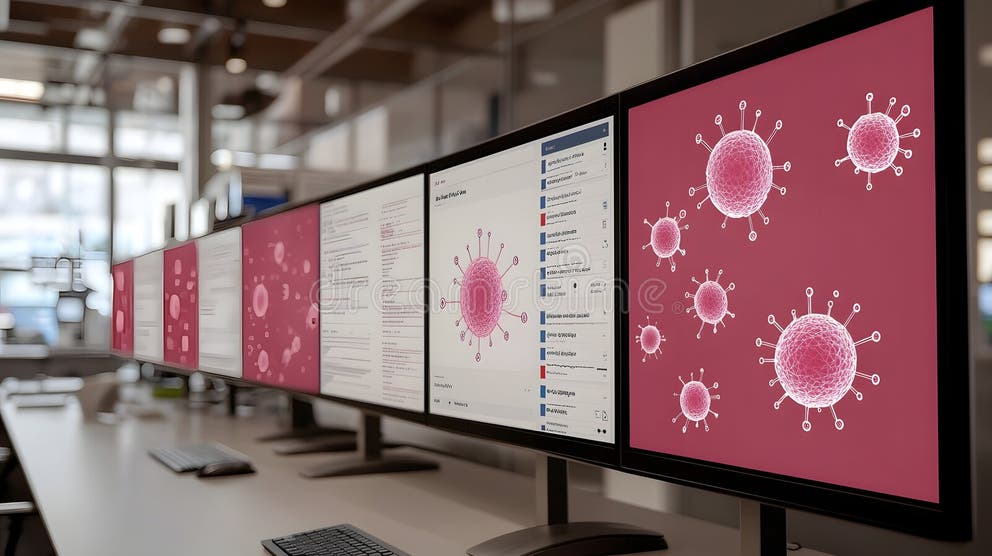 Multiple Computer Screens Displaying Digital Visualization of Viruses ...
