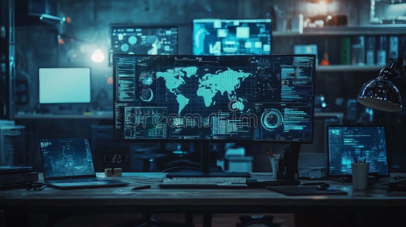 Multiple Computer Screens Displaying Global Data in a High-tech Office Stock Photo - Image of ...