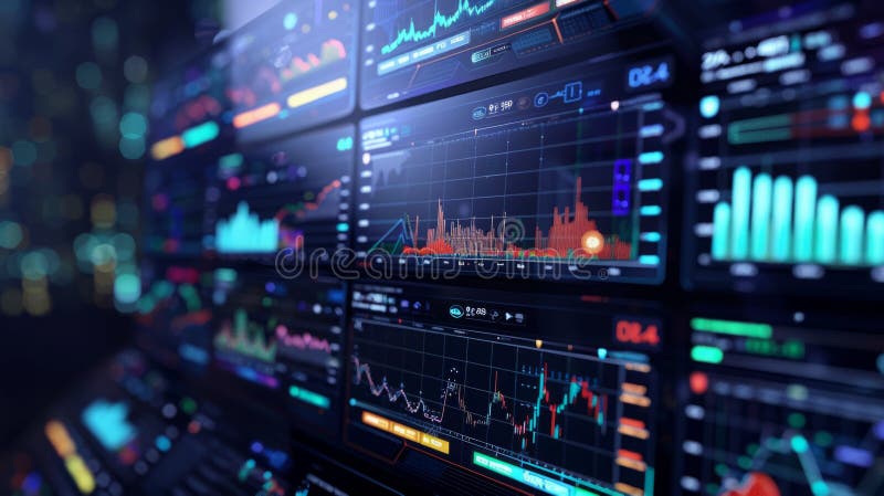 Wall of Computer Screens Displaying Data Stock Image - Image of ...