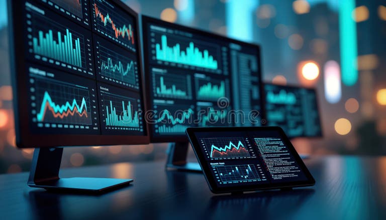Multiple Computer Screens Show Financial Data Analytics. Graphs, Charts ...