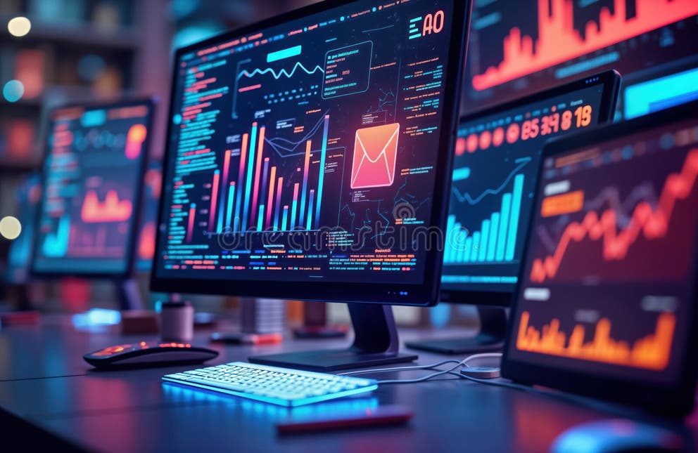 Multiple Computer Screens Show Vibrant Data Visualizations, Coding Elements. Modern Tech Tools ...