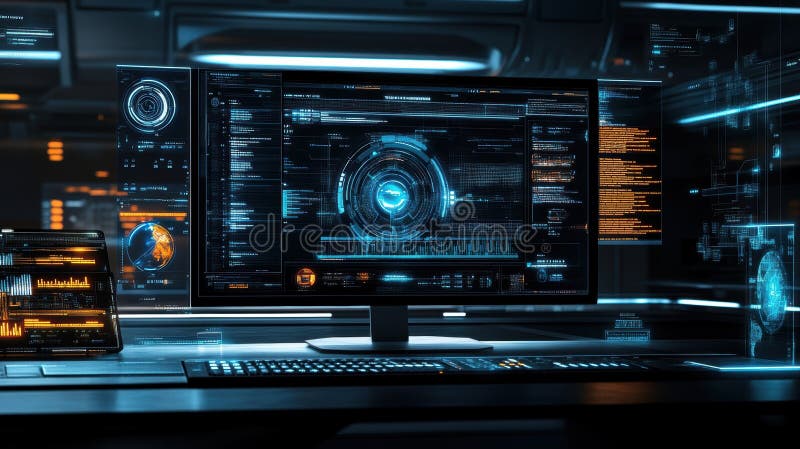 Futuristic Command Center Showing Charts Data Analysis And Code On