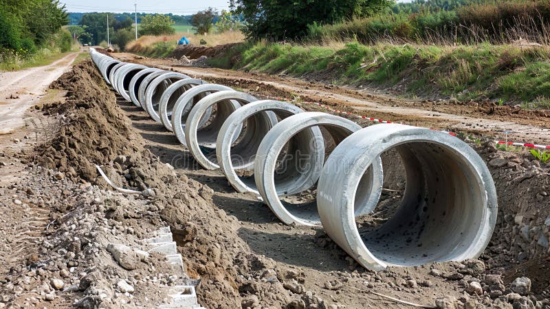 Multiple Concrete Pipes are Prepared for Installation at a Construction ...