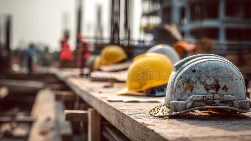 Construction Helmets Lined Up on a Worksite during a Sunny Day in a ...