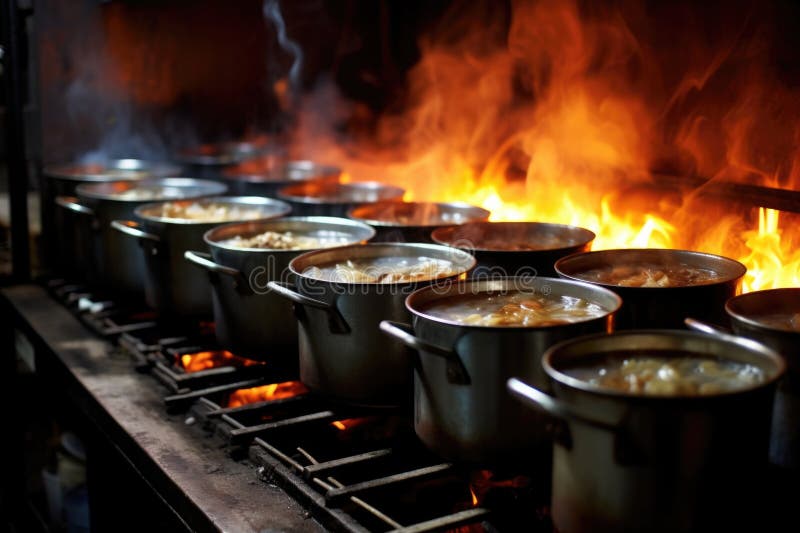 Multiple Cooking Pots Simmering on Stove Burners Stock Photo - Image of ...