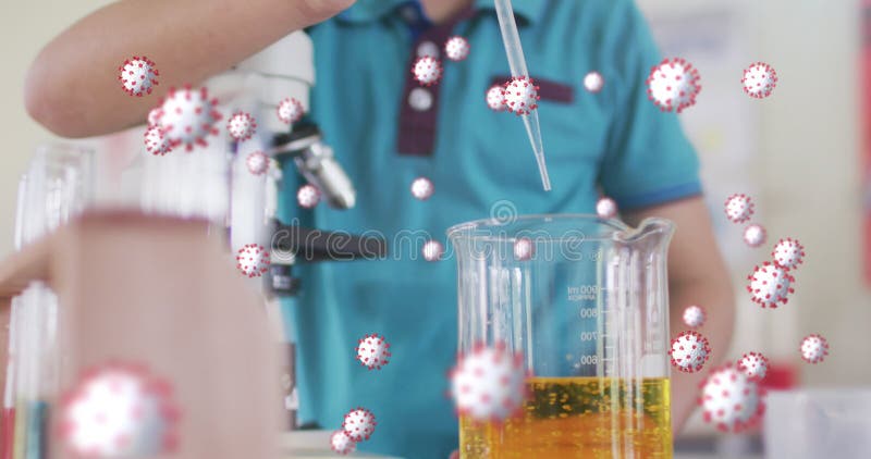 Multiple Covid-19 Cells Floating Against Boy Wearing Face Mask ...
