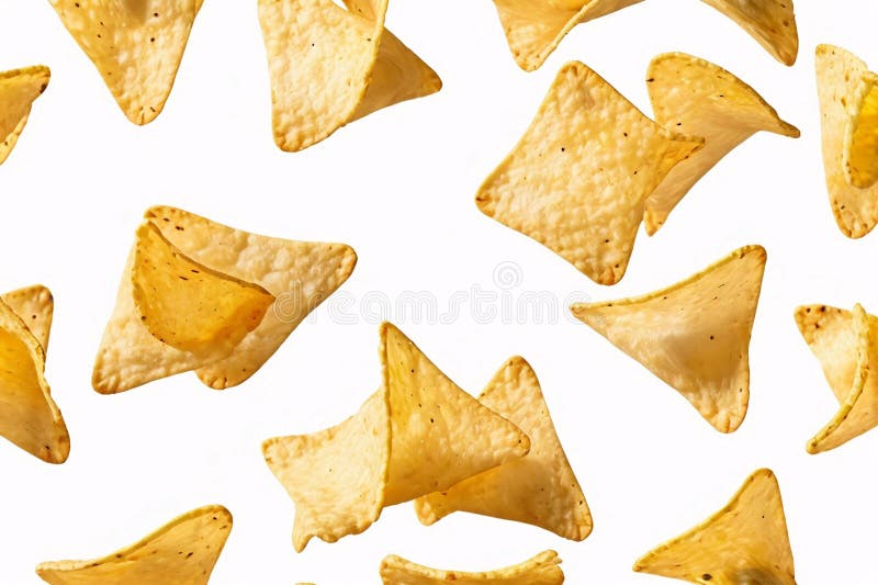 Multiple Crispy Triangular Chips Falling Against a White Background ...