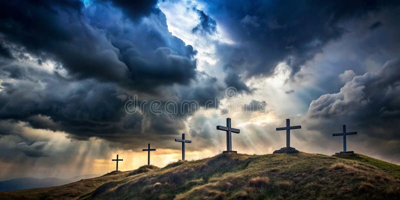 Multiple Crosses on a Dark Hill Under a Brooding Stormy Sky Creative AI ...