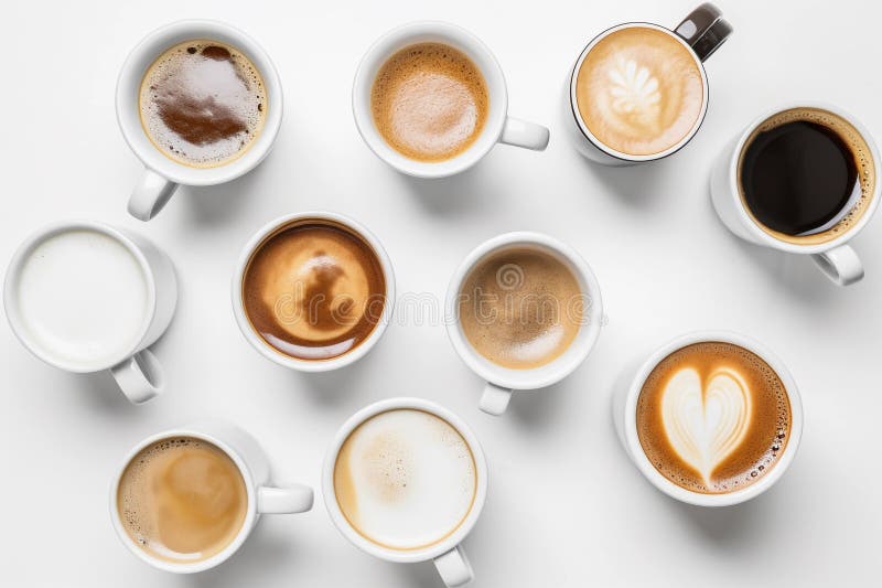 Multiple Cups of Coffee with Variety of Coffee Drinks Overhead View ...