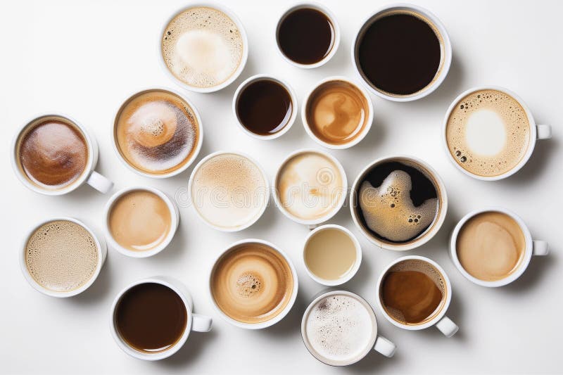 Multiple Cups of Coffee with Variety of Coffee Drinks Overhead View ...