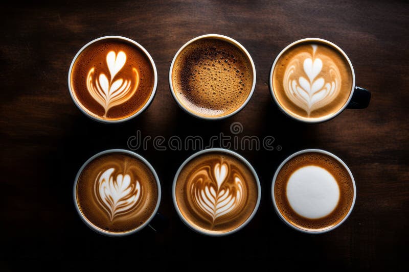 Multiple Cups of Coffee with Variety of Coffee Drinks. Top View, Flat ...