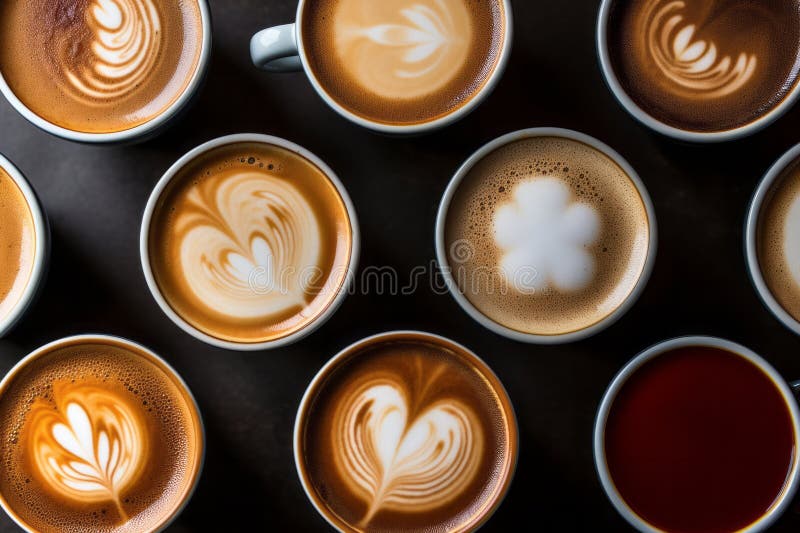 Multiple Cups of Coffee with Variety of Coffee Drinks. Top View, Flat ...