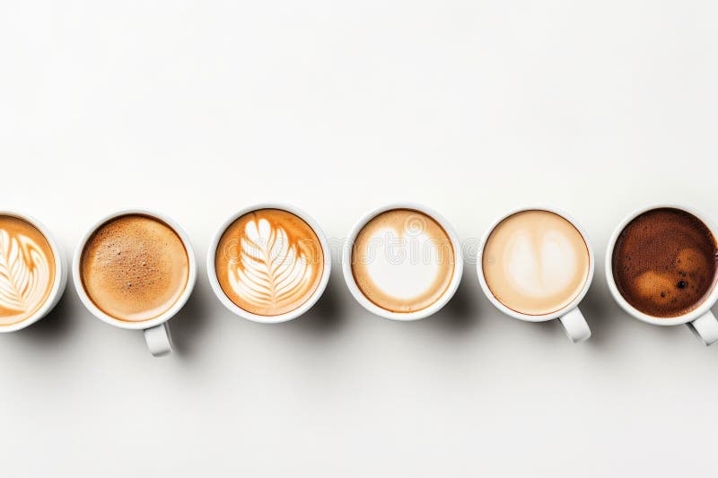 Multiple Cups of Coffee with Variety of Coffee Drinks on White. Top ...
