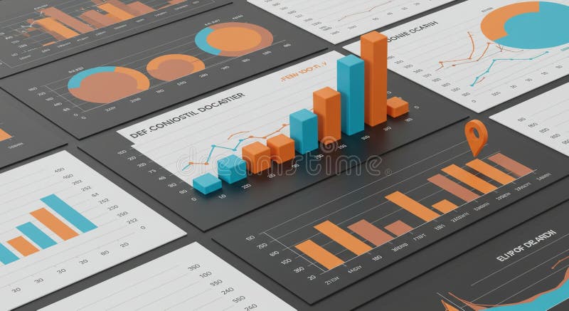 Multiple 3D-rendered Business Charts and Graphs Displayed in a Grid ...