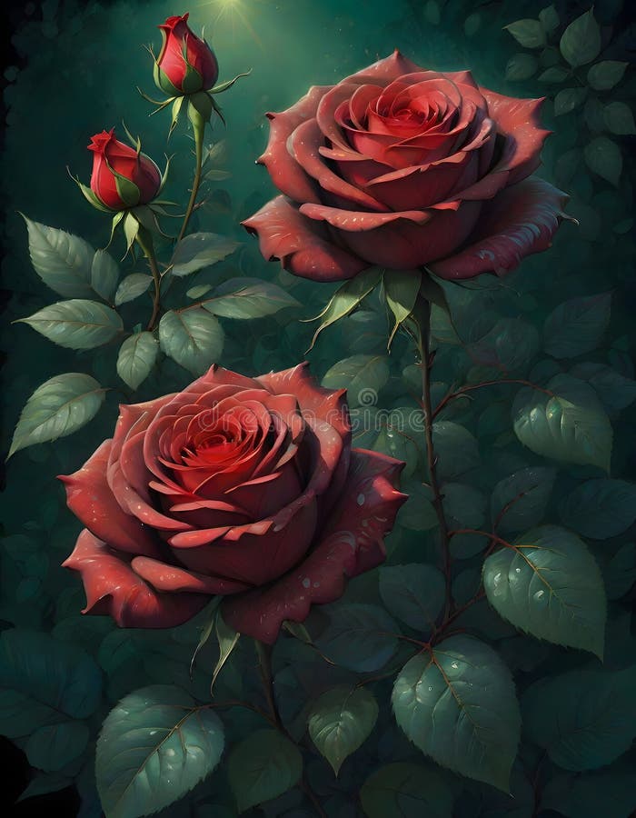 Multiple Dark Red Roses Set Against Deep Green Leaves in Low Lighting ...