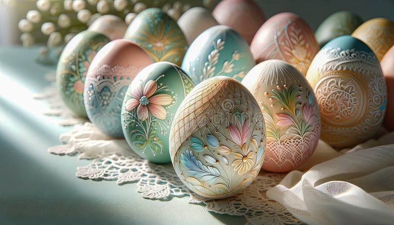 Multiple Decorated Easter Eggs on a Doily Stock Photo - Image of shiny ...