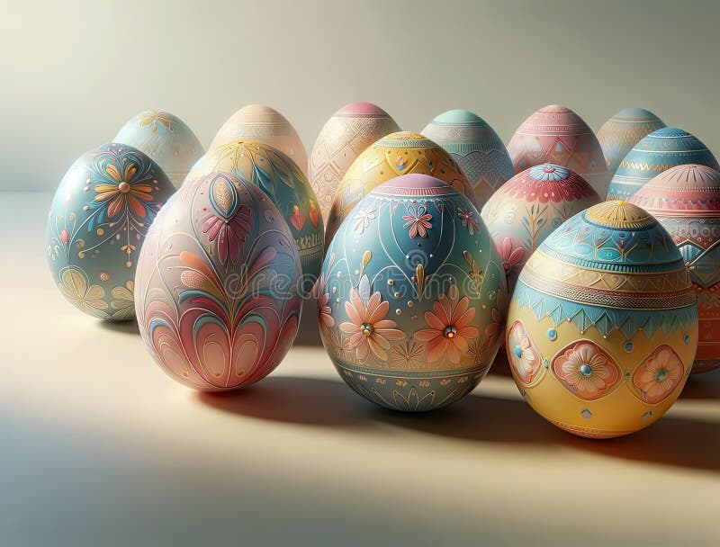 Multiple Decorated Easter Eggs with a Tan Background with Copy Space ...