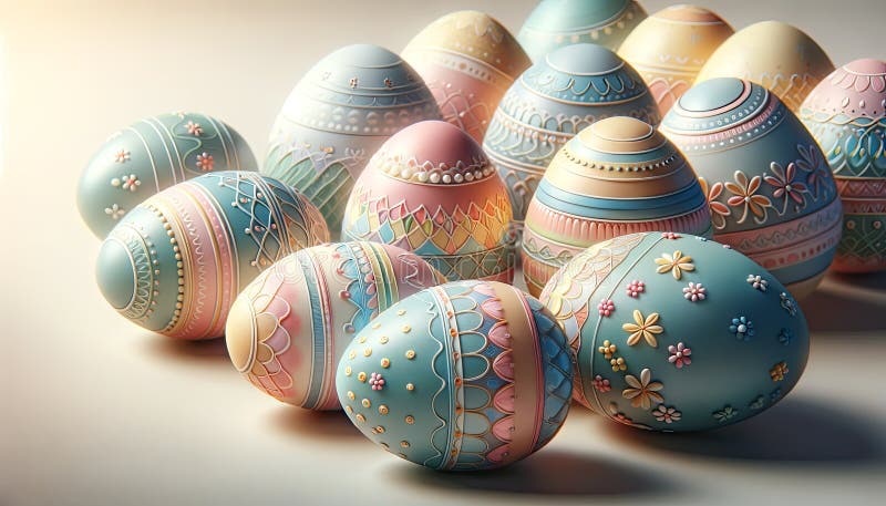 Multiple Decorated Easter Eggs with a Tan Background with Copy Space ...