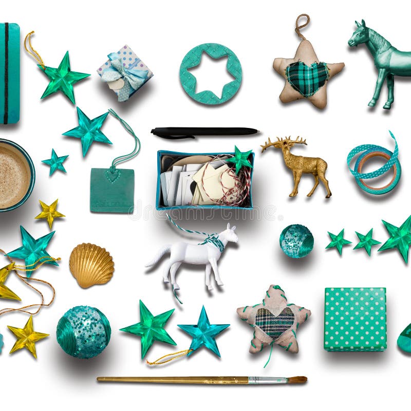 Multiple Decorative Christmas Objects, Gifts and Ornaments Front View ...