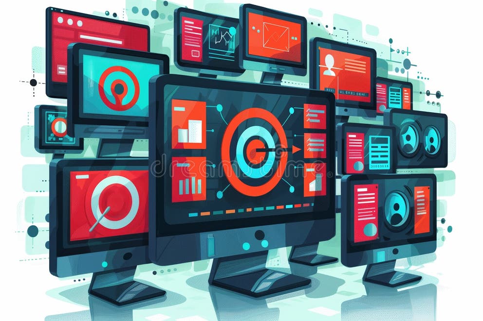 Multiple Desktop Computers Displaying Data and Charts with a Target ...
