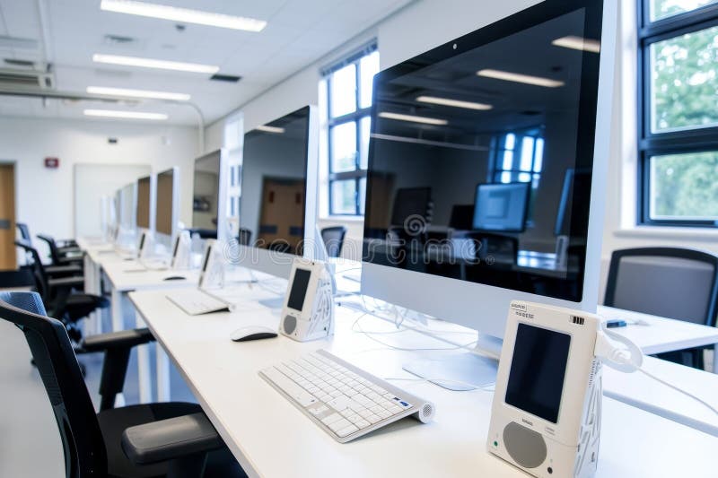 Multiple Desktop Computers Lined Up Neatly on a White Desk in a ...