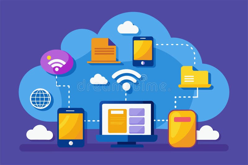 Multiple Devices Connect To Cloud Storage Via Wi-Fi, Illustrating File ...