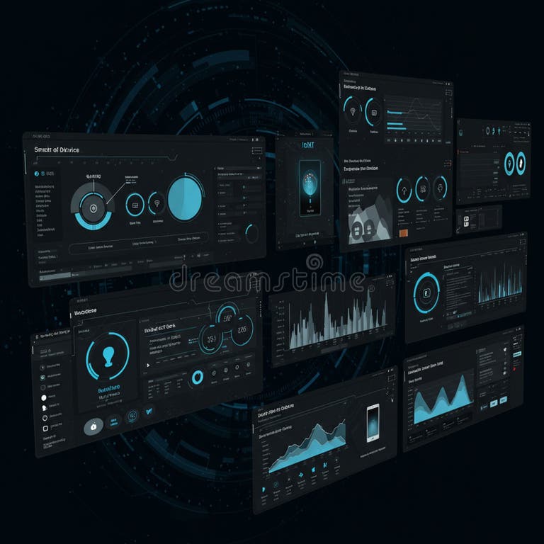 Multiple Digital Dashboards Display Various Data Visualizations on Dark ...