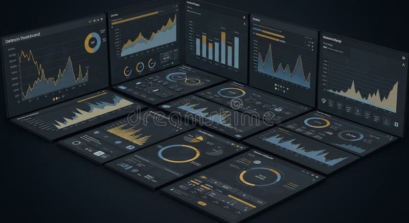 Multiple Digital Dashboards Display Various Data Visualizations, Including Line Graphs, Stock ...