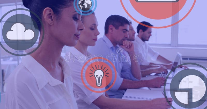 Multiple Digital Icons Against Group of Office Colleagues Working at ...
