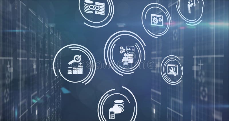 Multiple Digital Icons Over Light Trails and Light Spots Against Blue ...