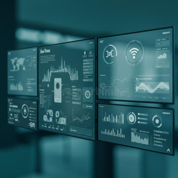 Multiple Digital Screens Display Complex Data Visualizations, Graphs, and Charts in a Stock ...