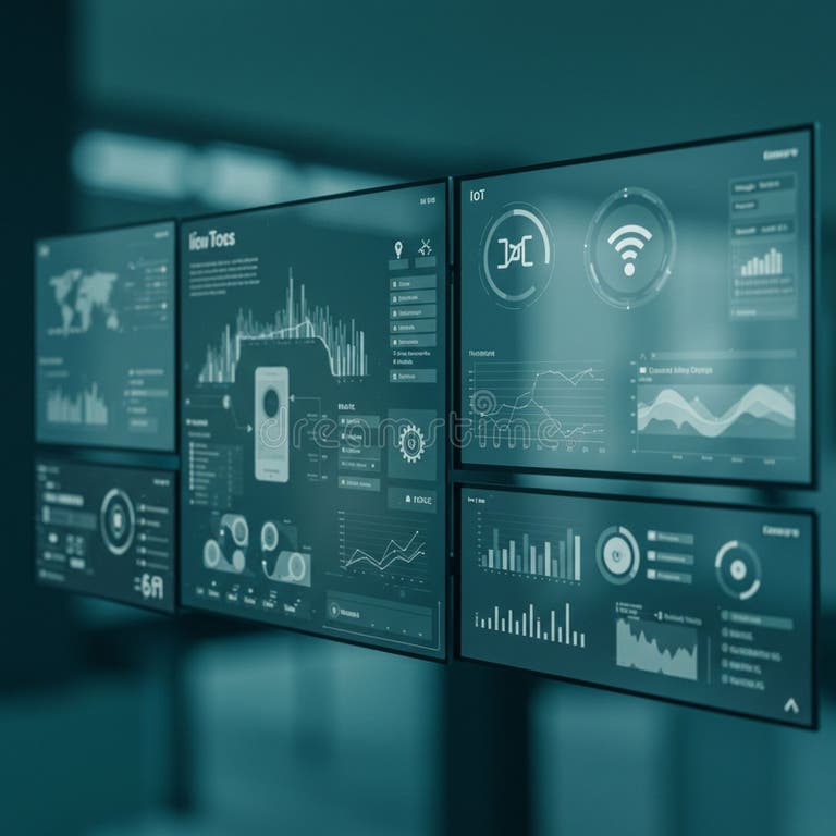Multiple Digital Screens Display Complex Data Visualizations, Graphs, and Charts in a Stock ...