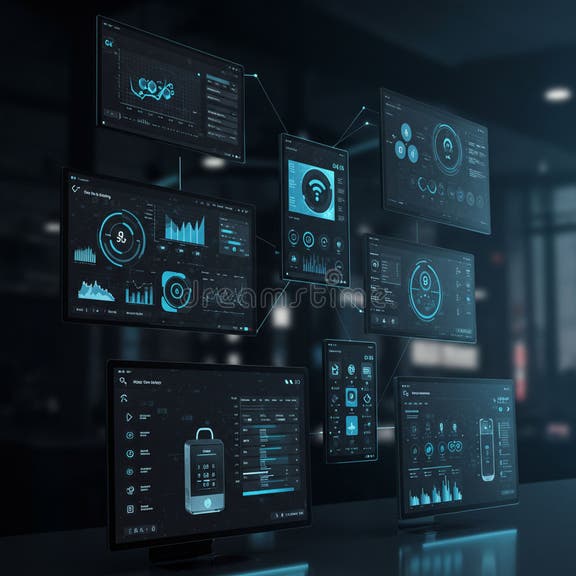 Multiple Digital Screens Display Complex Data Visualizations and User Interfaces Stock ...