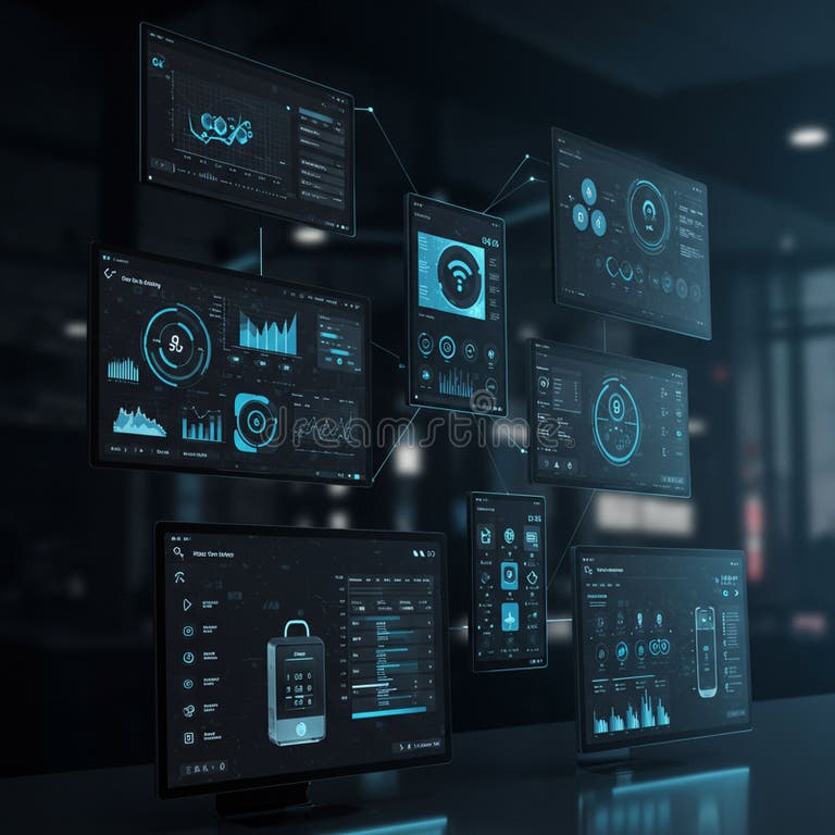 Multiple Digital Screens Display Complex Data Visualizations and User ...