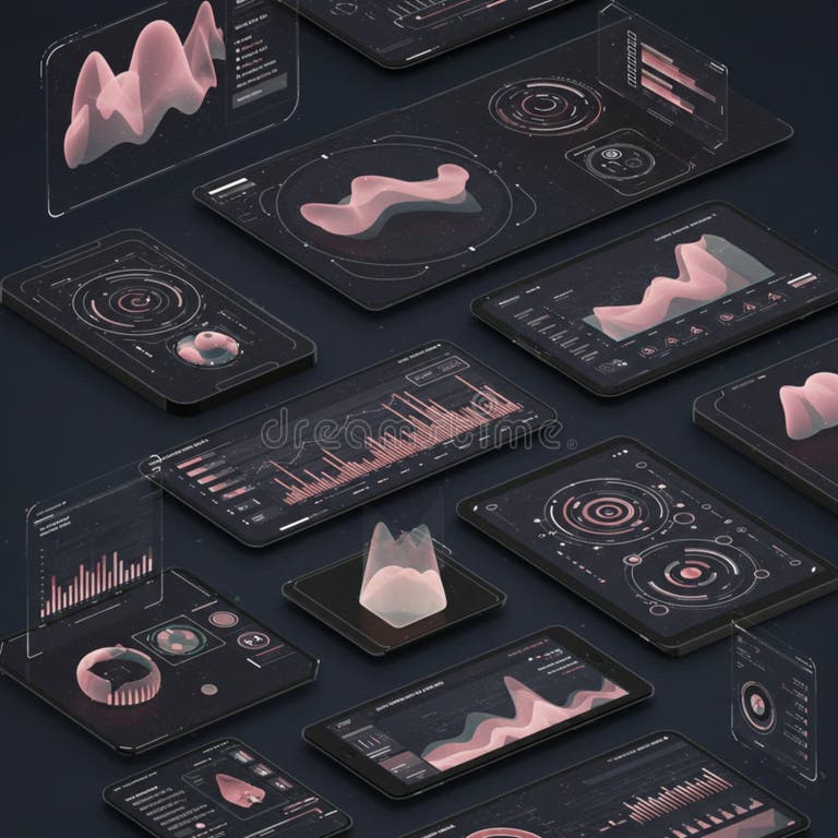 Multiple Digital Screens Display 3D Graphs and Charts in a Futuristic Layout. Stock Illustration ...