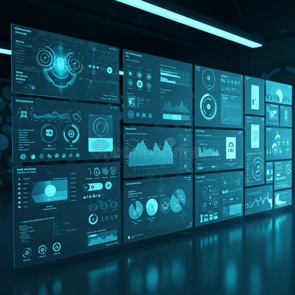 Multiple Digital Screens Display Data Analytics and Graphical User ...