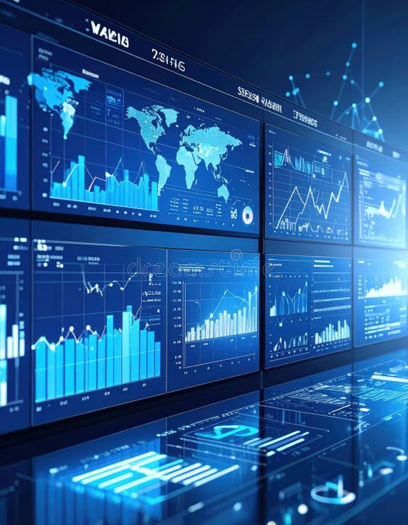 Multiple Digital Screens Display Financial Data and Graphs for Business ...