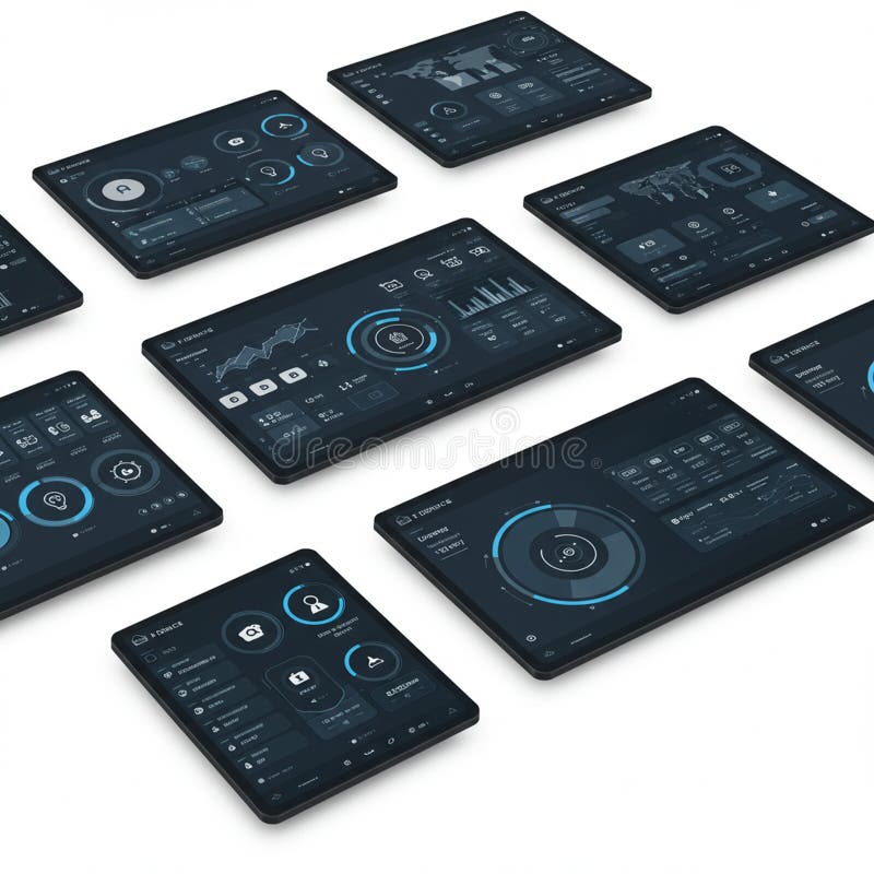 Multiple Digital Tablets Display User Interfaces Featuring Charts, Maps ...