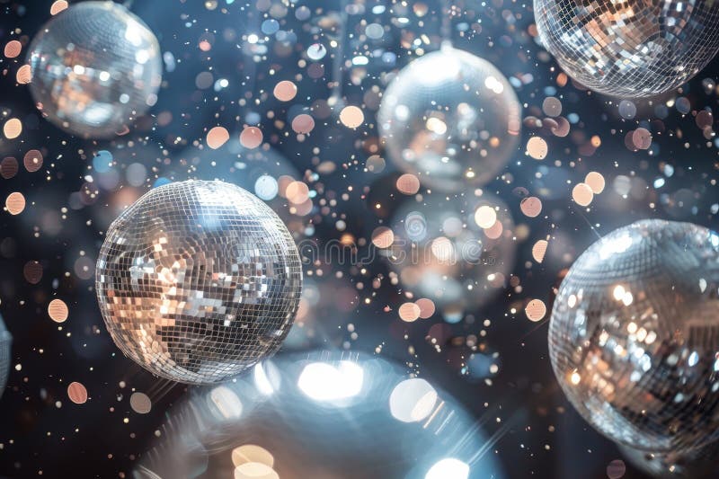 Multiple Disco Balls Suspended in the Dark Space, Casting Reflections ...