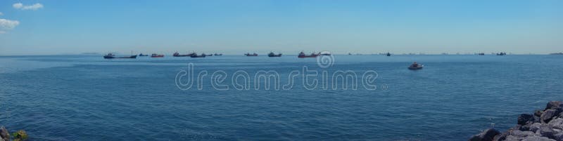Multiple Distant Ships in the Harbor of Istanbul, Turkey. Panoramic ...