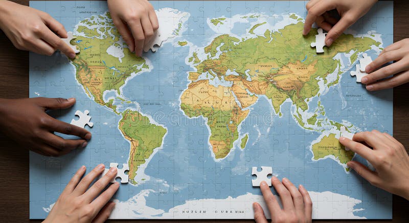 World Map Puzzle Assembling with Multiple Hands Demonstrating Teamwork ...
