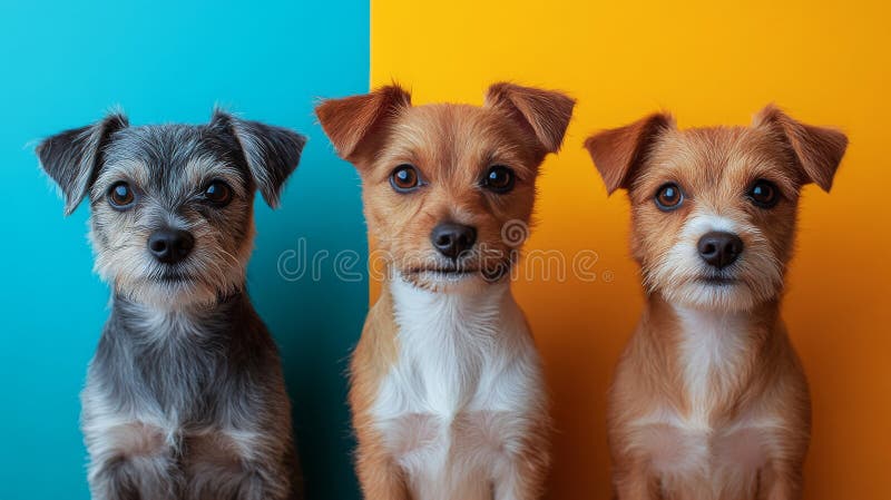 Multiple Dogs Sitting Together in Front of Bright Colored Background ...