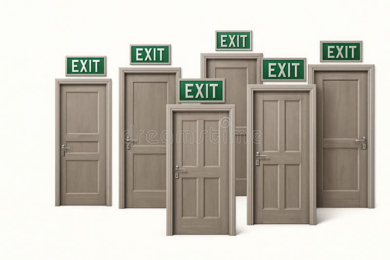 Multiple Doors with EXIT Signs Above Each. Stock Image - Image of doors ...