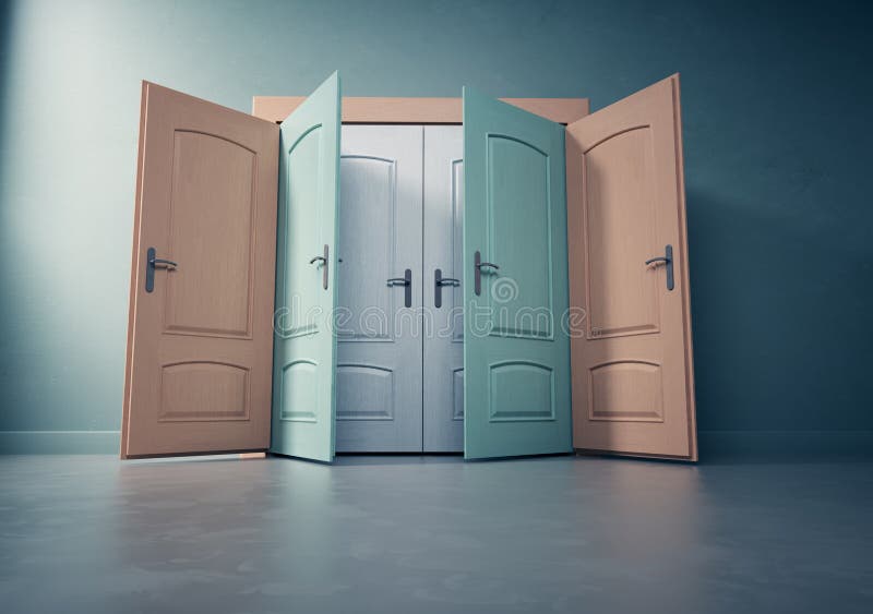 Multiple Doors Opened and Closed on a Blue Wall Stock Illustration ...