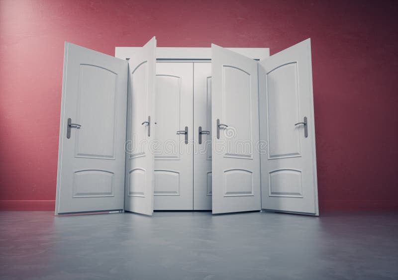 Multiple Closed Doors in the Desert with One Open Stock Illustration ...