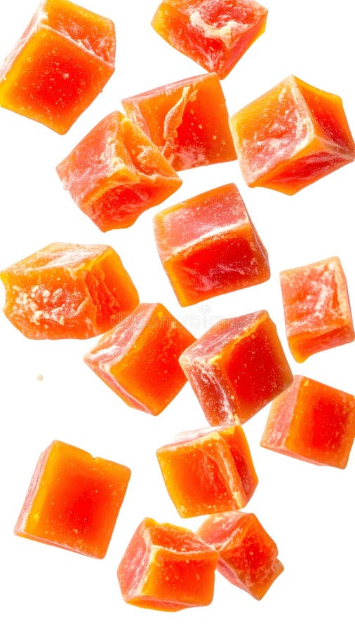 Multiple Dried Papaya Cubes Falling on Transparent Background Stock ...