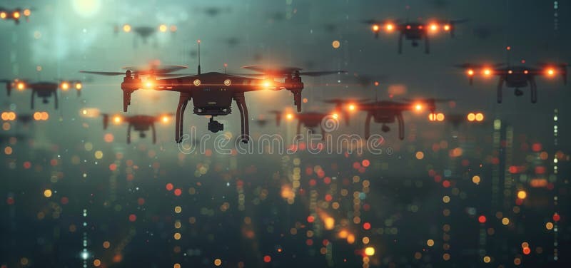 Multiple Drones Flying Over Cityscape with Blurred Lights in the ...