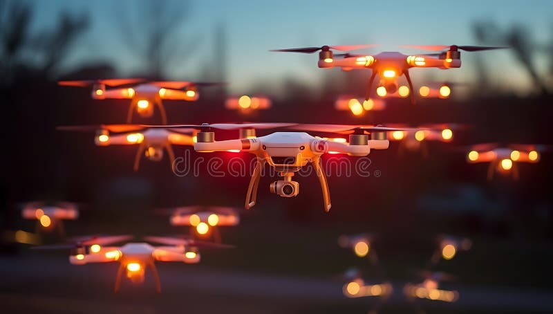 Multiple Drones Flying at Twilight Forming a Swarm Stock Illustration ... Multiple Drones Flying at Twilight Forming a Swarm Stock Illustration ...